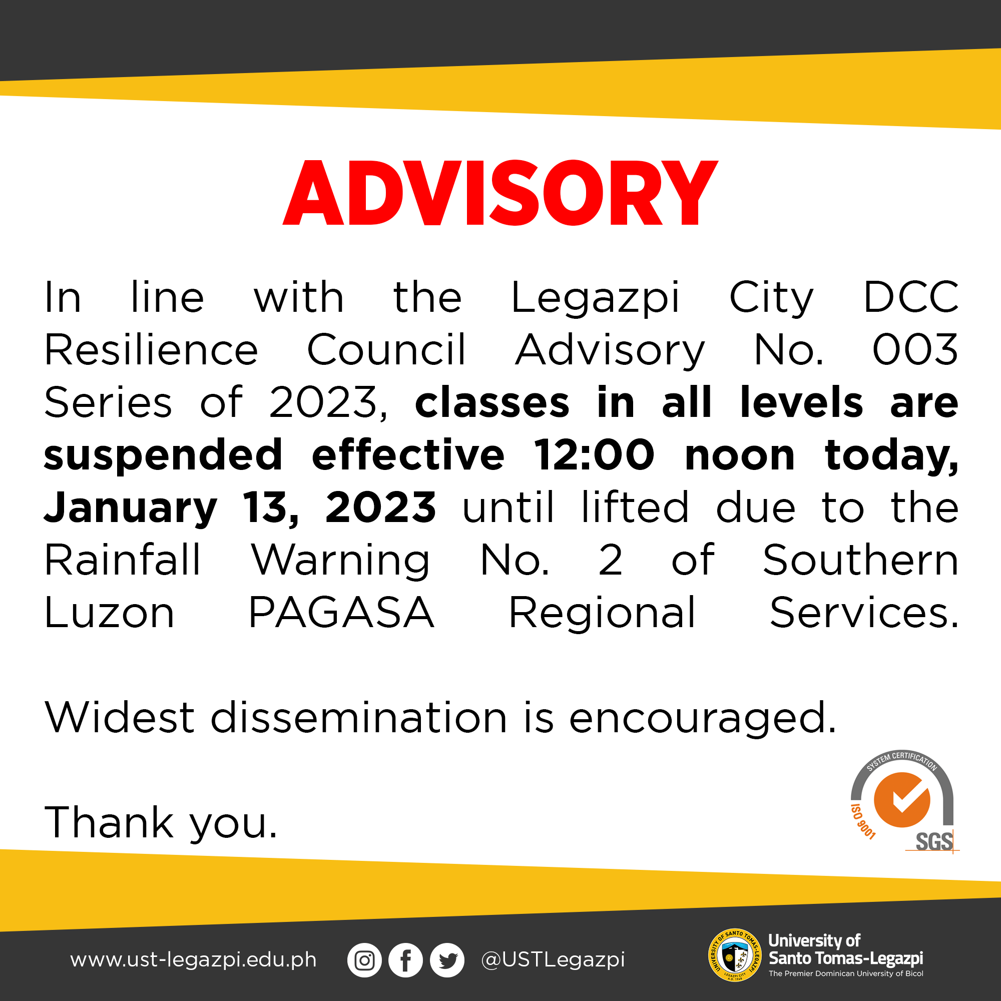 SUSPENSION OF CLASSES IN ALL LEVELS - JANUARY 13, 2023 - University of Santo Tomas - Legazpi